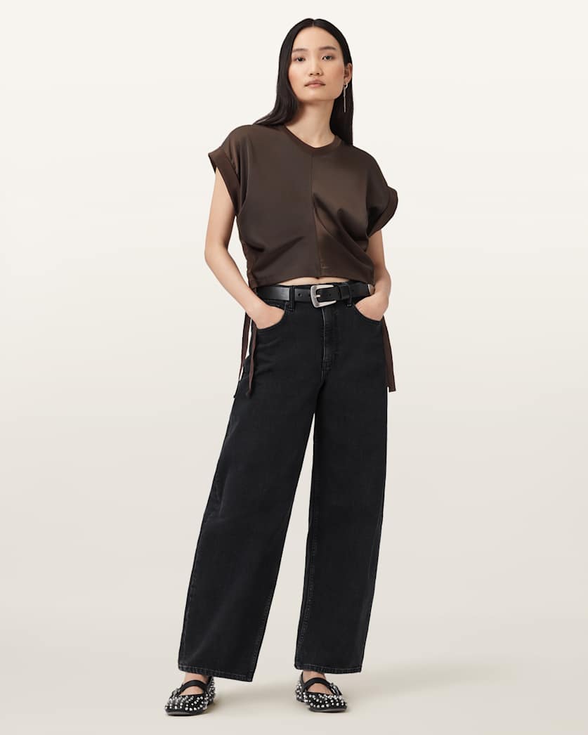 Mira Cropped Satin Drawcord T-Shirt TORTE BROWN | ALLSAINTS US